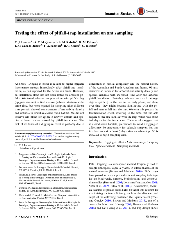 (PDF) Testing the effect of pitfall-trap installation on ant sampling