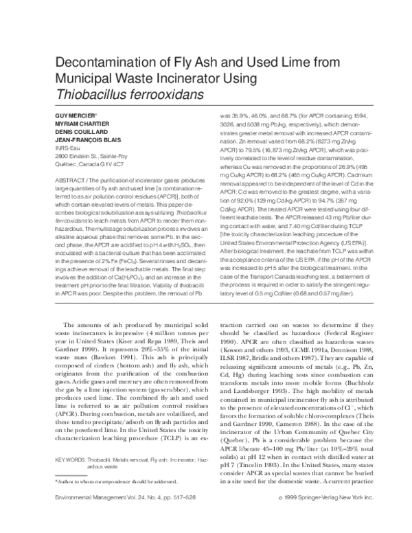 (PDF) Decontamination of Fly Ash and Used Lime from Municipal Waste ...