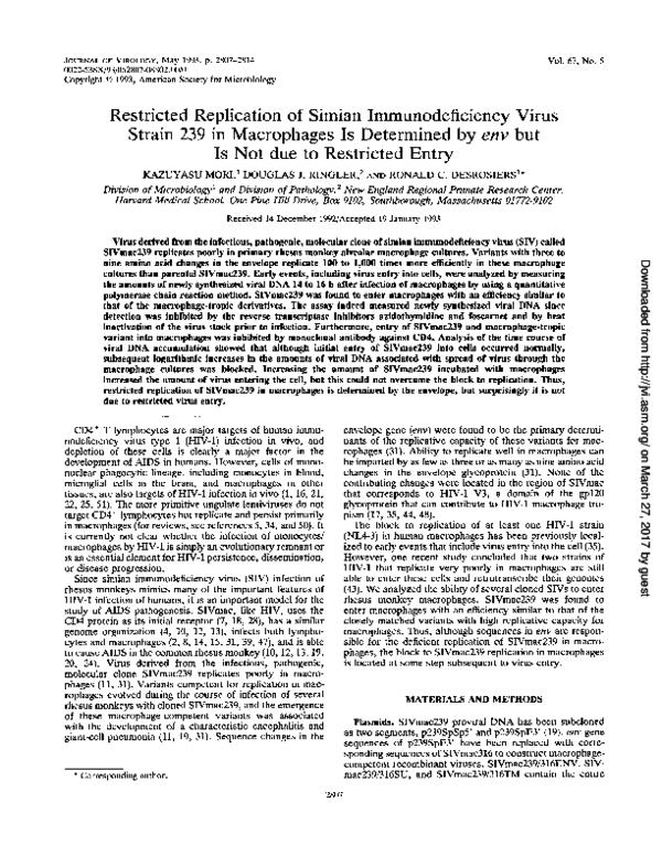 (PDF) Restricted replication of simian immunodeficiency virus strain ...