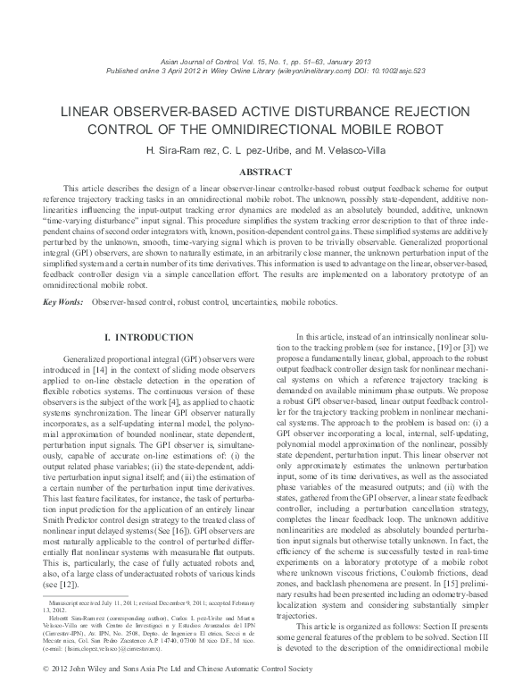 Pdf Linear Observer Based Active Disturbance Rejection Control Of The Omnidirectional Mobile Robot