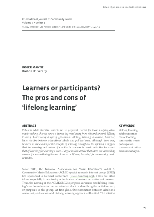 (PDF) Learners or participants? The pros and cons of ‘Lifelong Learning.’