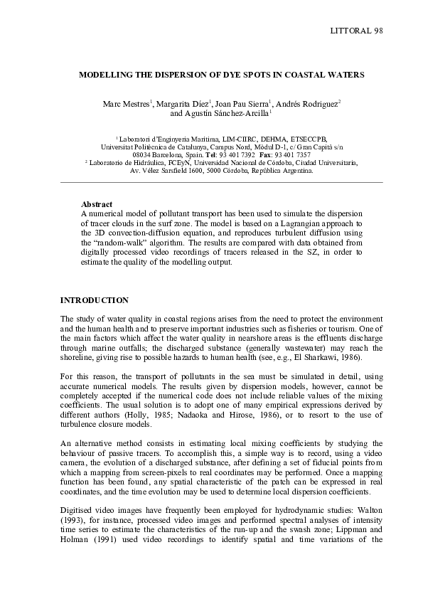 (DOC) MODELLING THE DISPERSION OF DYE SPOTS IN COASTAL WATERS