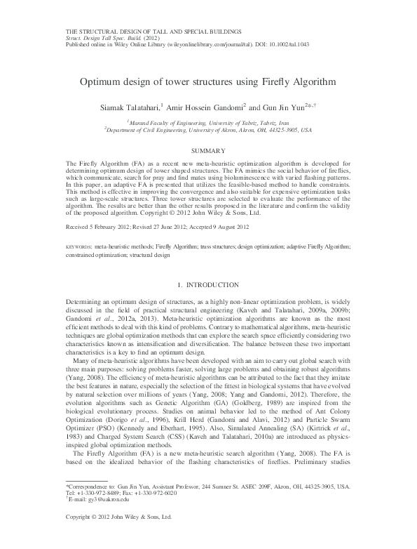(PDF) Optimum design of tower structures using Firefly Algorithm