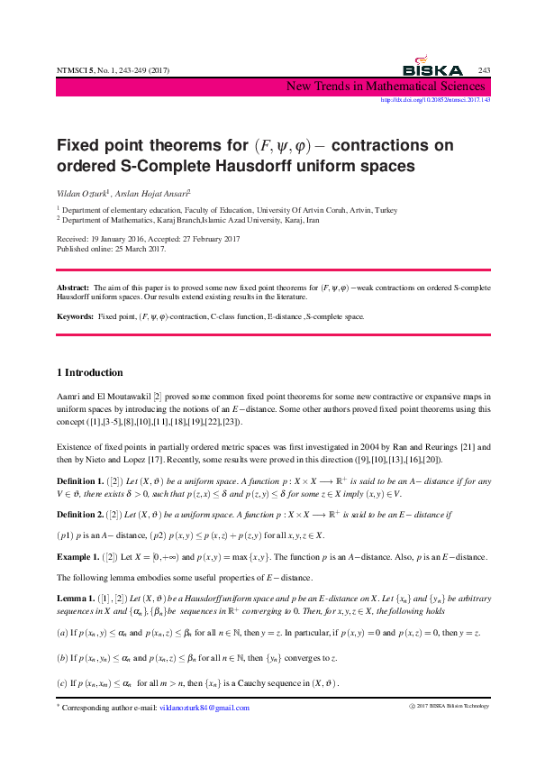 (PDF) Fixed point theorems for (F, ψ, ϕ) − contractions on ordered S-Complete Hausdorff uniform ...