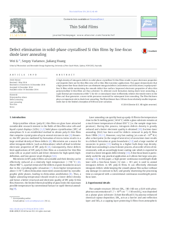 (PDF) Defect elimination in solid-phase crystallised Si thin films by ...