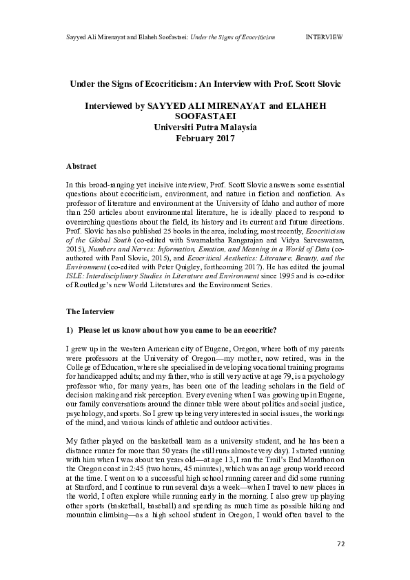 (PDF) Under the Signs of Ecocriticism: An Interview with Prof. Scott ...