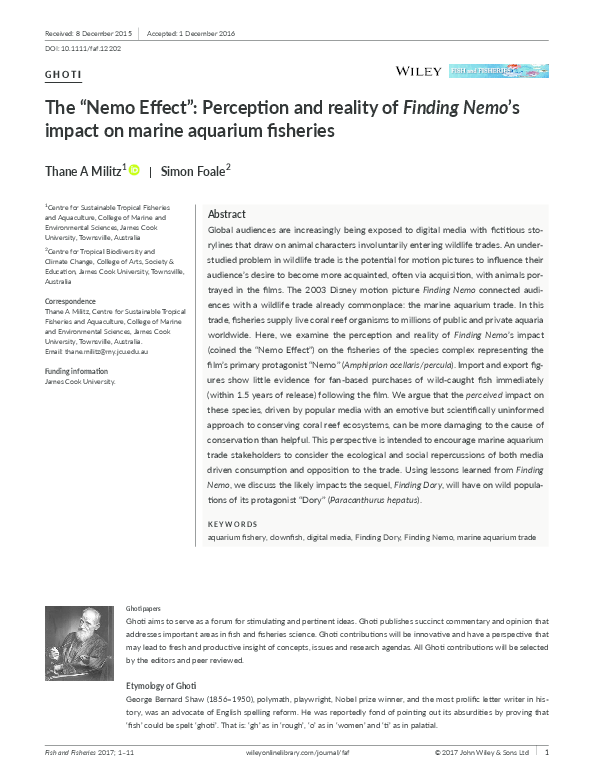 (PDF) The " Nemo Effect " : Perception and reality of Finding Nemo's ...