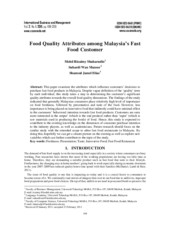 (PDF) Food Quality Attributes among Malaysia's Fast Food Customer