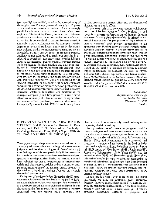 (PDF) Decision sciences: An integrative perspective, Paul R. Kleindorfer, Howard C. Kunreuther ...