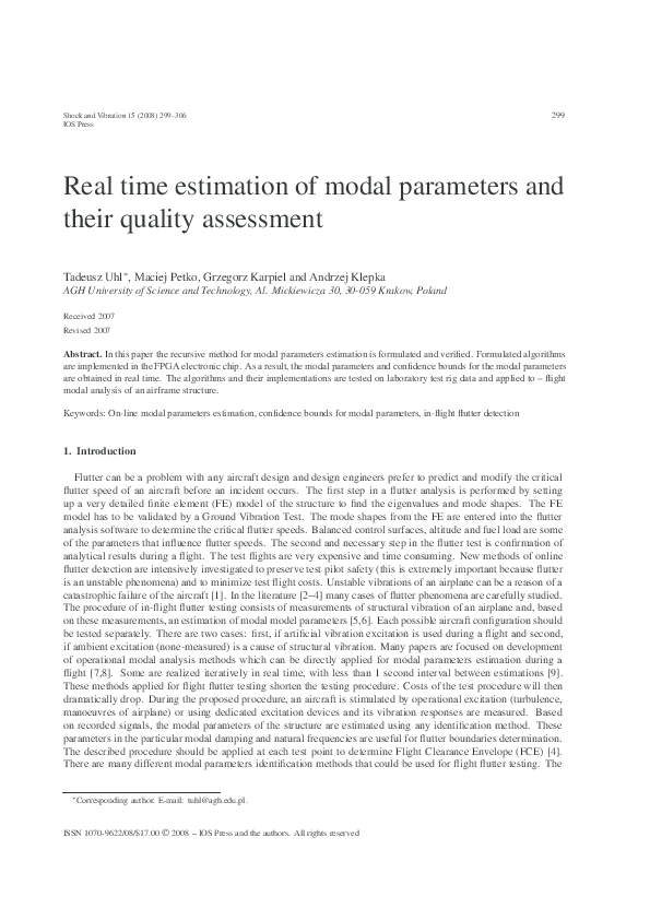(PDF) Real Time Estimation of Modal Parameters and Their Quality Assessment | Tadeusz Uhl ...