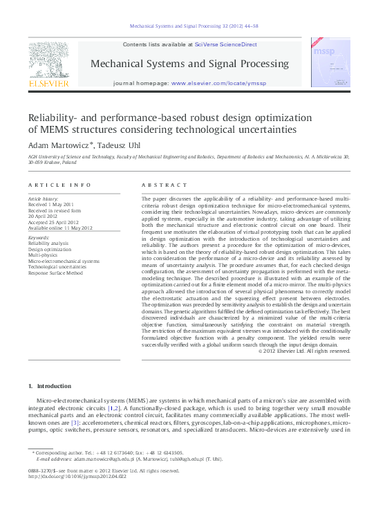 Pdf Reliability And Performance Based Robust Design Optimization Of Mems Structures