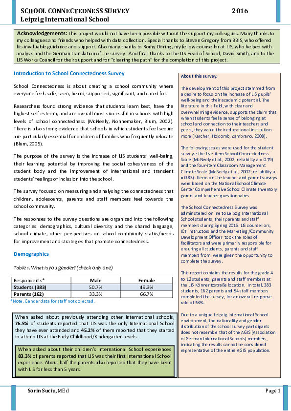 (PDF) SCHOOL CONNECTEDNESS SURVEY 2016 Leipzig International School Introduction to School ...