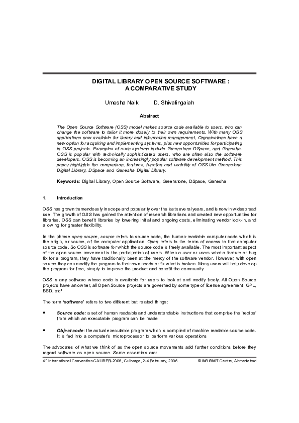 (PDF) DIGITAL LIBRARY OPEN SOURCE SOFTWARE : A COMPARATIVE STUDY