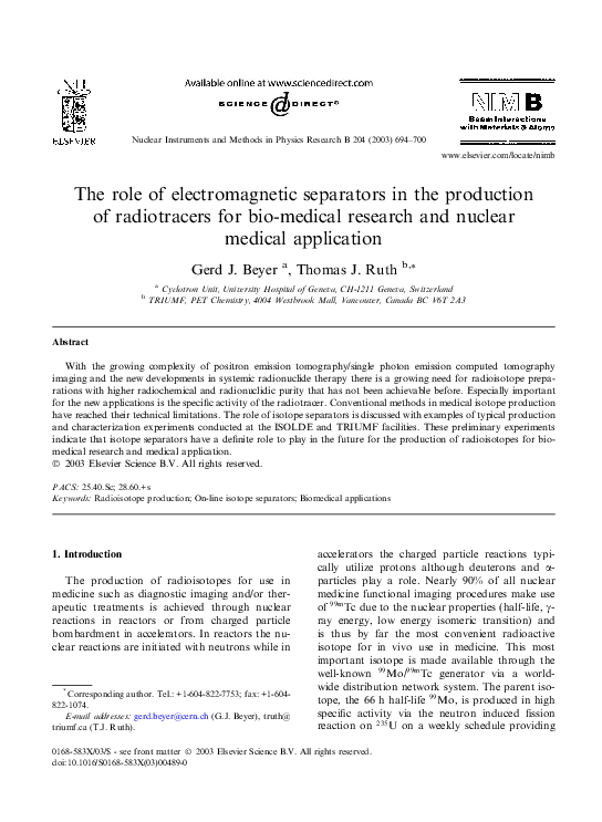 (PDF) The role of electromagnetic separators in the production of radiotracers for bio-medical ...
