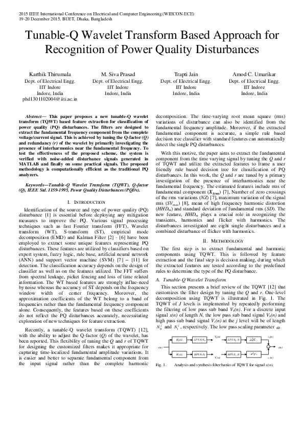 Pdf Tunable Q Wavelet Transform Based Approach For Recognition Of Power Quality Disturbances