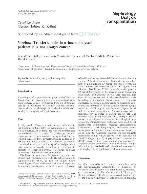 (PDF) Virchow-Troisier's node in a haemodialysed patient: it is not ...