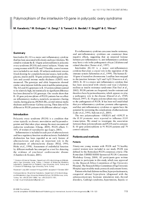 (PDF) Polymorphism of the interleukin-10 gene in polycystic ovary syndrome