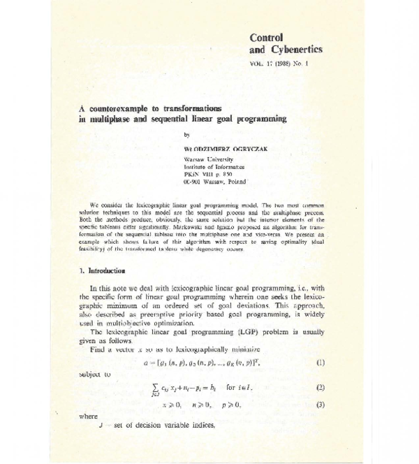Pdf A Counterexample To Transformations In Multiphase And Sequential Linear Goal Programming