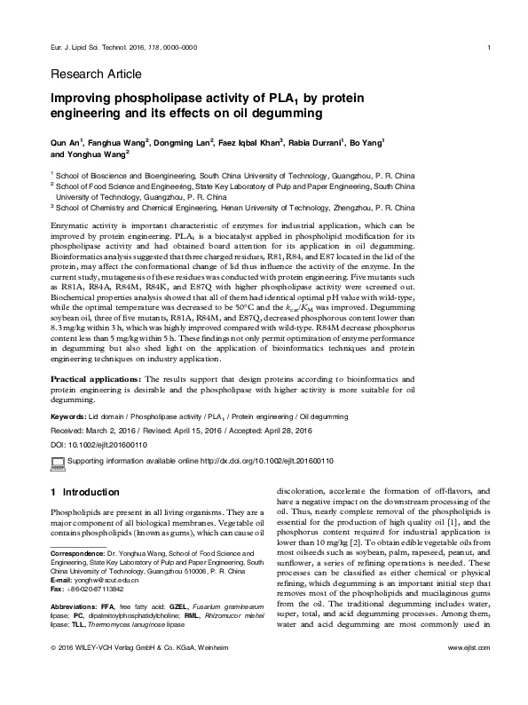 (PDF) Improving phospholipase activity of PLA 1 by protein engineering ...
