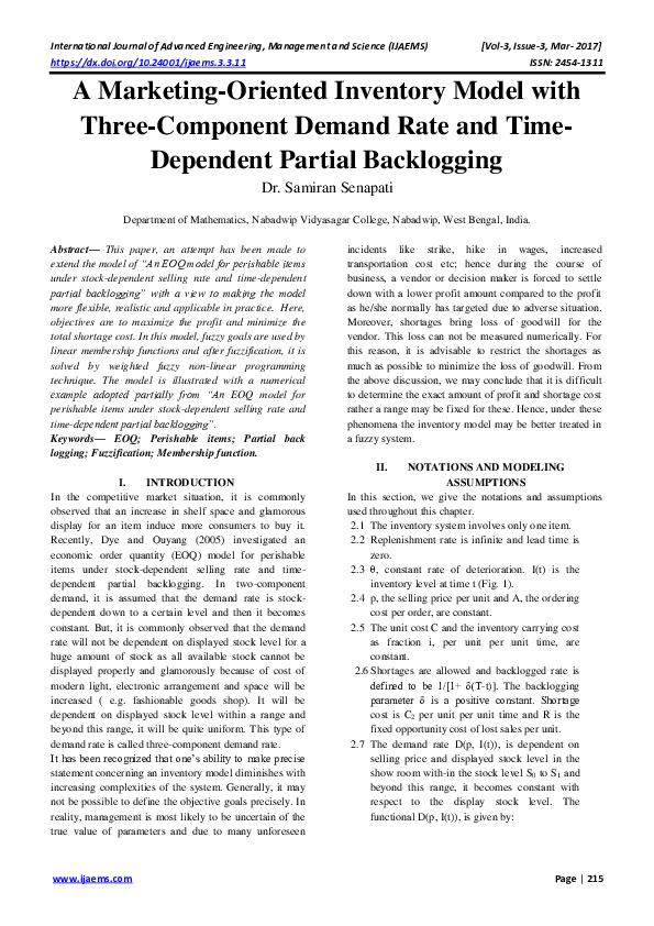Pdf A Marketing Oriented Inventory Model With Three Component Demand Rate And Time Dependent