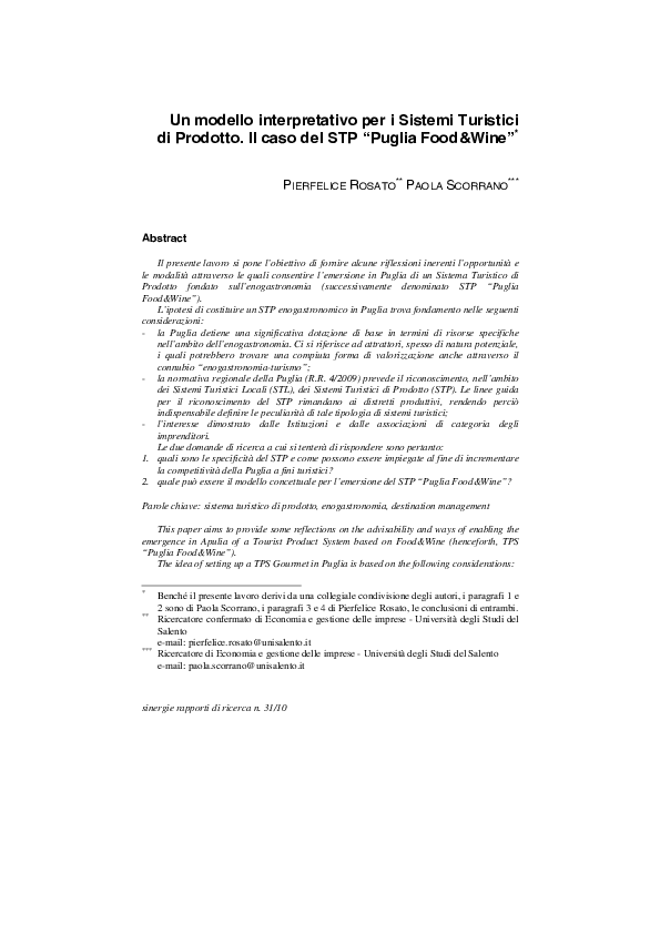 (PDF) Un modello interpretativo per i Sistemi Turistici di Prodotto. Il ...