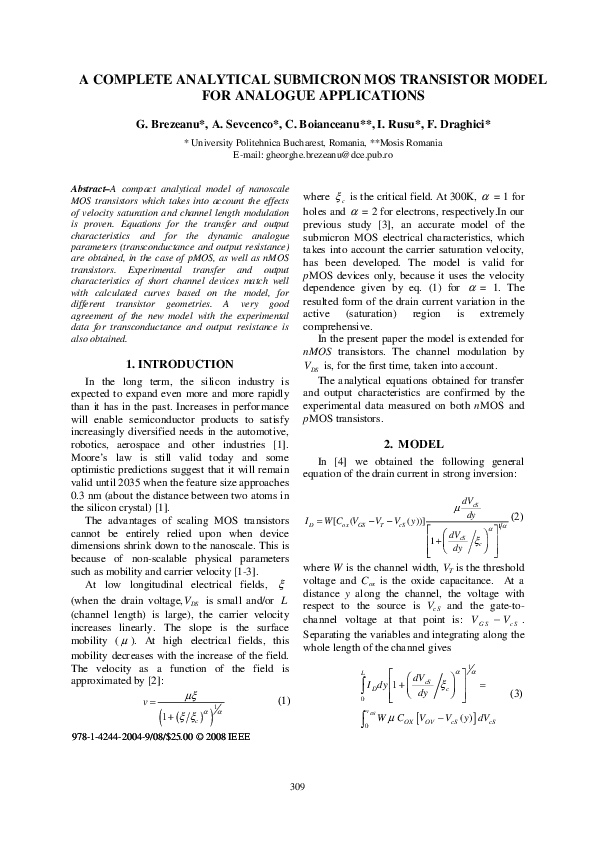 Complete analytical submicron MOS transistor model for analogue applications