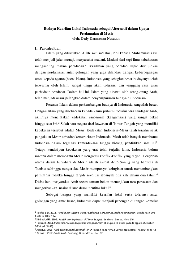 (PDF) Budaya Kearifan Lokal Indonesia sebagai Alternatif dalam Upaya Perdamaian di Mesir oleh ...
