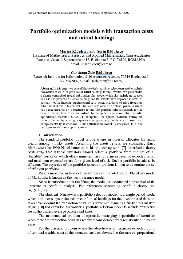 (PDF) Portfolio optimization models with transaction costs and initial holdings
