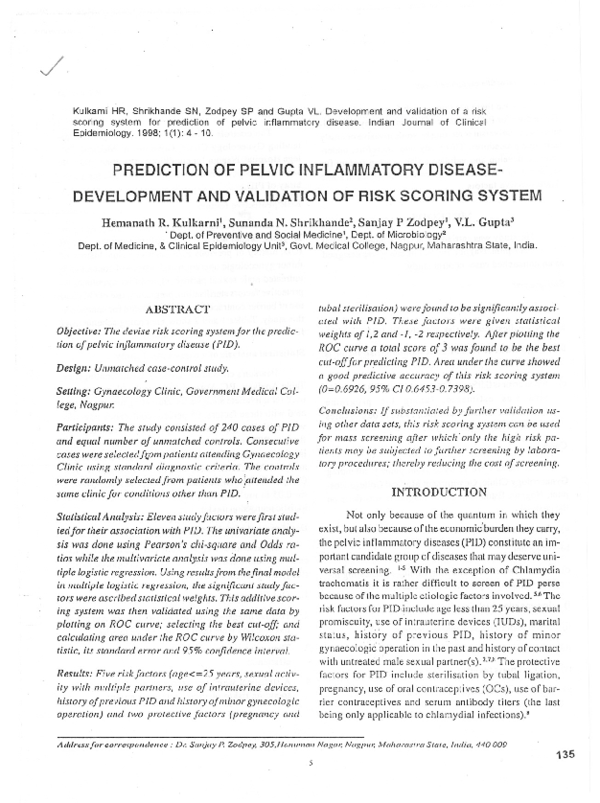 (PDF) PREDICTION OF PELVIC INFLAMMATORY DISEASE- DEVELOPMENT AND VALIDATION OF RISK SCORING SYSTEM