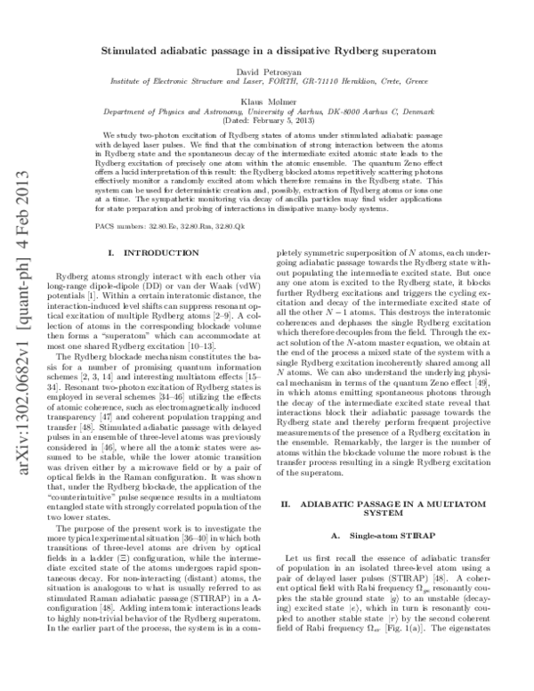 (PDF) Stimulated adiabatic passage in a dissipative Rydberg superatom