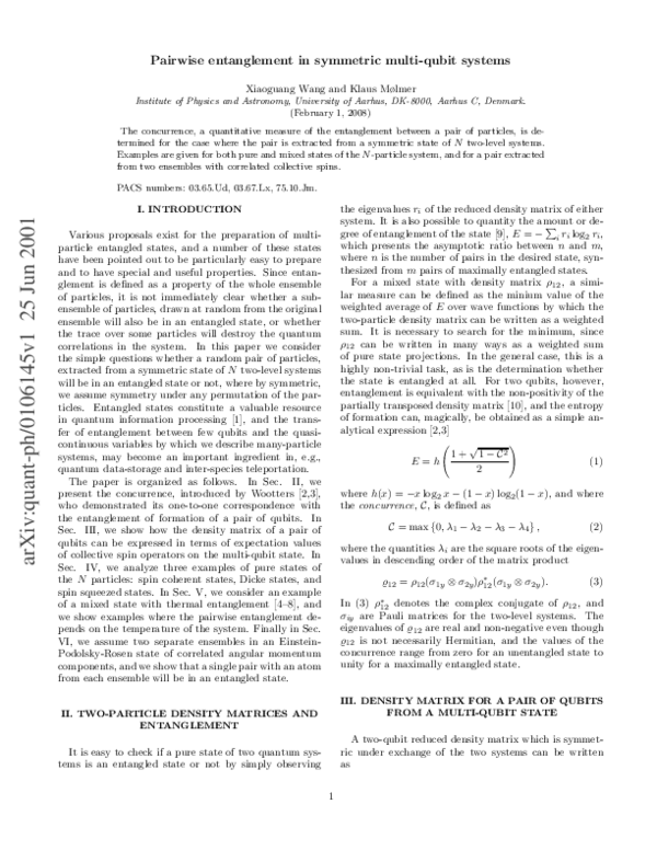 (PDF) Pairwise entanglement in symmetric multi-qubit systems