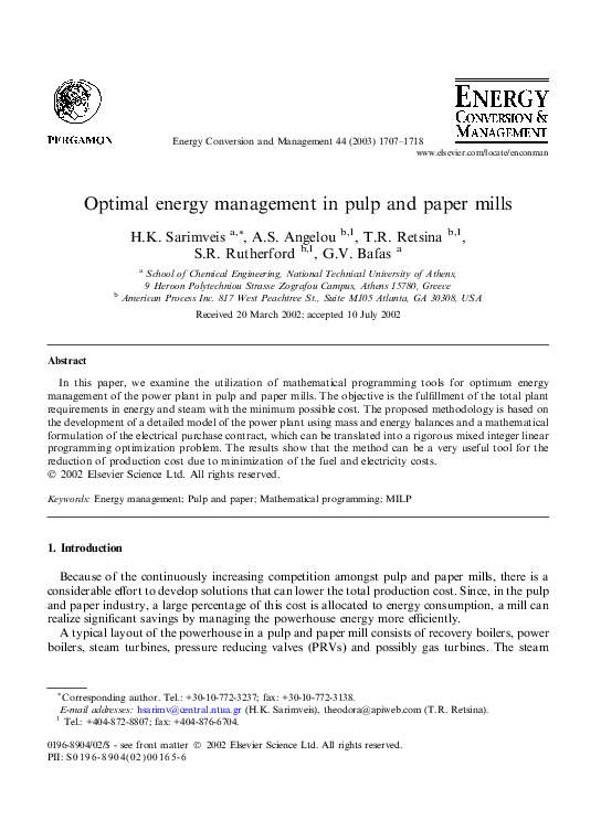 (PDF) Optimal energy management in pulp and paper mills