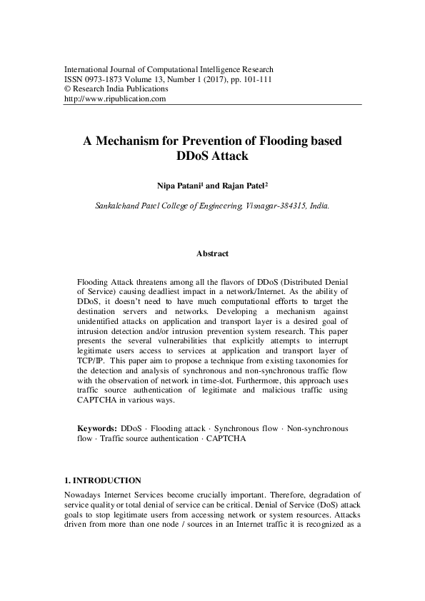 (PDF) A Mechanism for Prevention of Flooding based DDoS Attack