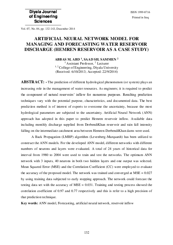 (PDF) Artificial Neural Network Model for Managing and Forecasting Water Reservoir Discharge ...