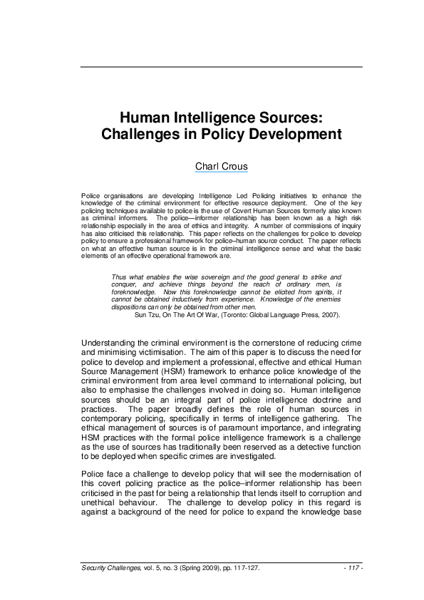 (PDF) Human Intelligence Sources: Challenges in Policy Development