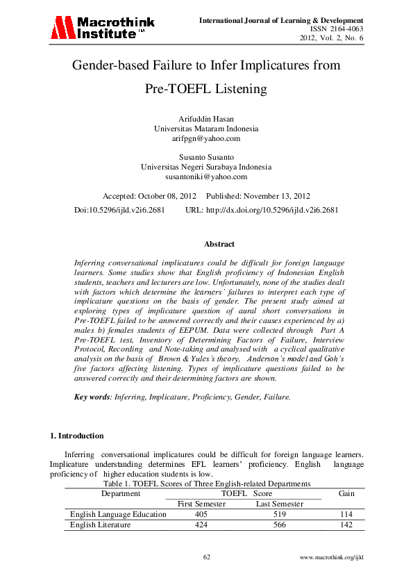 (PDF) Gender-based Failure to Infer Implicatures from Pre-TOEFL Listening