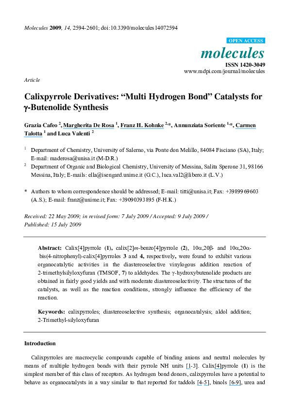 (PDF) Calixpyrrole Derivatives: Multi Hydrogen Bond Catalysts for ...