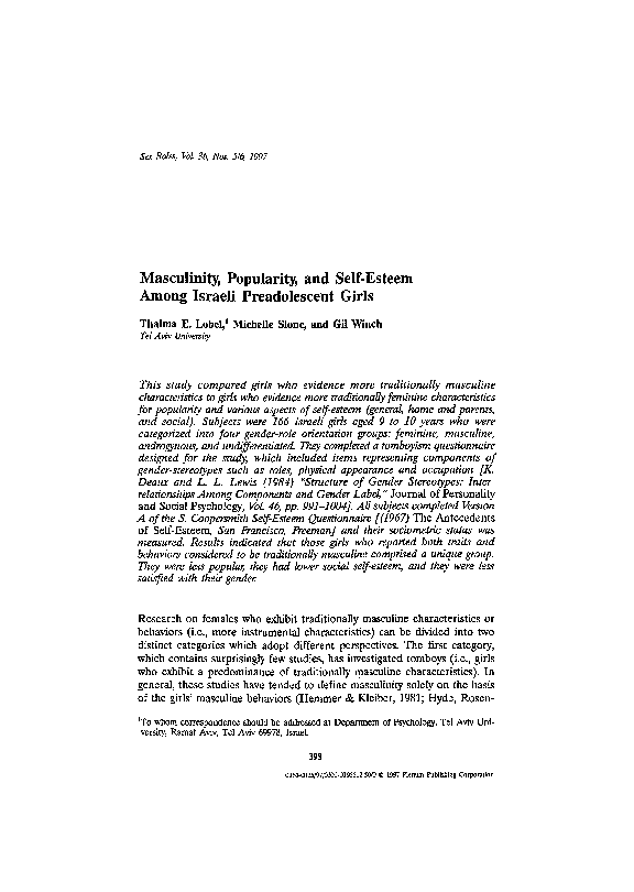 (PDF) Masculinity, popularity, and self-esteem among Israeli ...