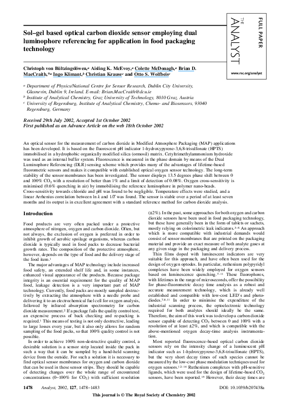 (PDF) Sol???gel based optical carbon dioxide sensor employing dual ...