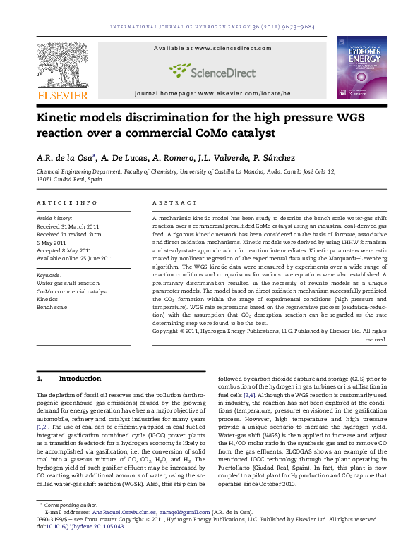 (PDF) Kinetic models discrimination for the high pressure WGS reaction ...