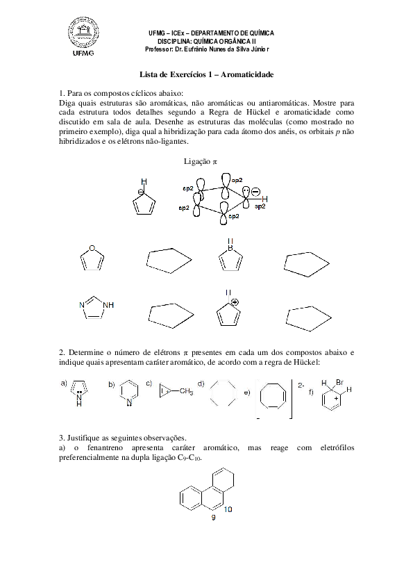 (PDF) Lista de Exercícios 1 – Aromaticidade