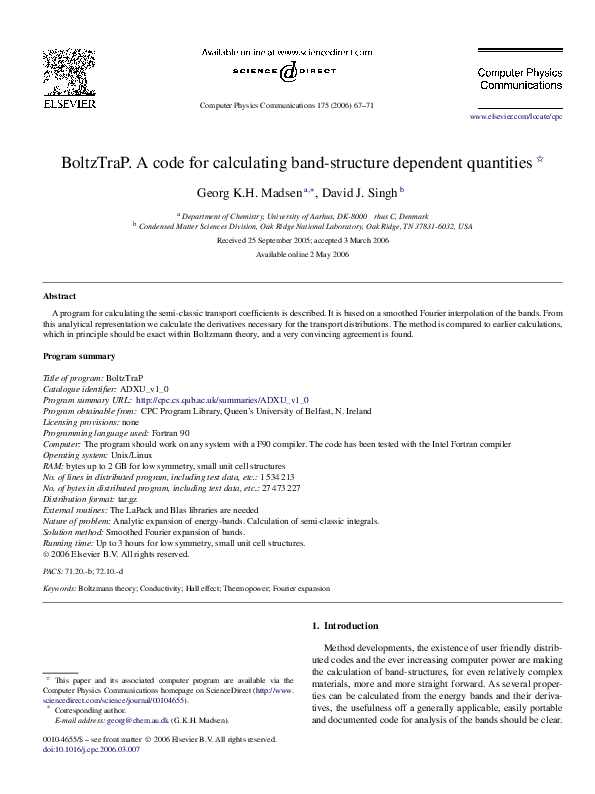 (PDF) BoltzTraP. A code for calculating band-structure dependent quantities