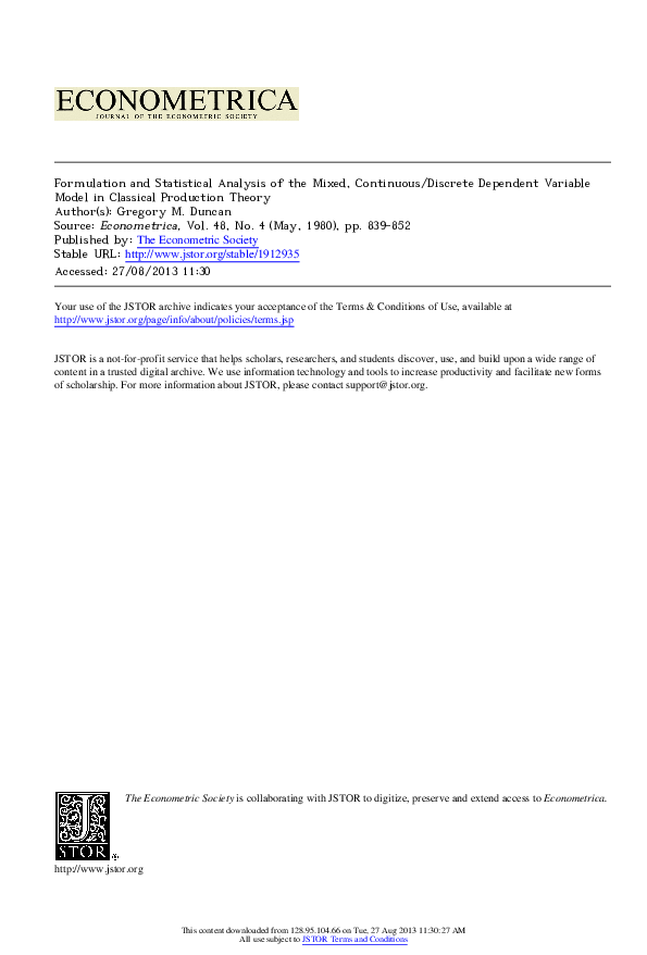 Pdf Formulation And Statistical Analysis Of The Mixed Continuousdiscrete Dependent Variable