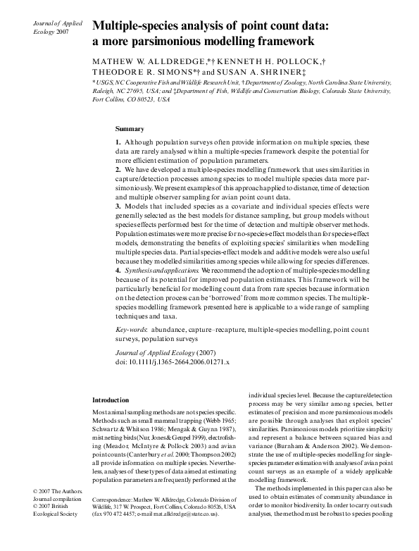 Pdf Multiple Species Analysis Of Point Count Data A More Parsimonious Modelling Framework