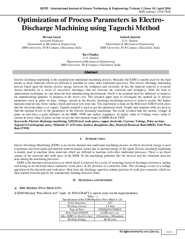 (PDF) Optimization of Process Parameters in Electro- Discharge Machining using Taguchi Method