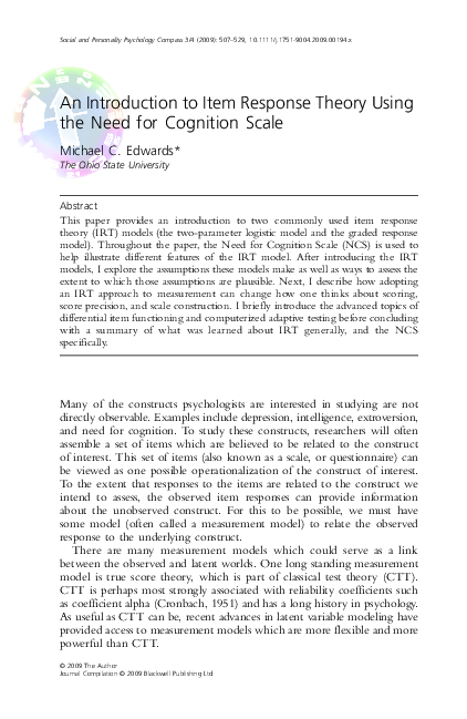 (PDF) An Introduction to Item Response Theory Using the Need for ...