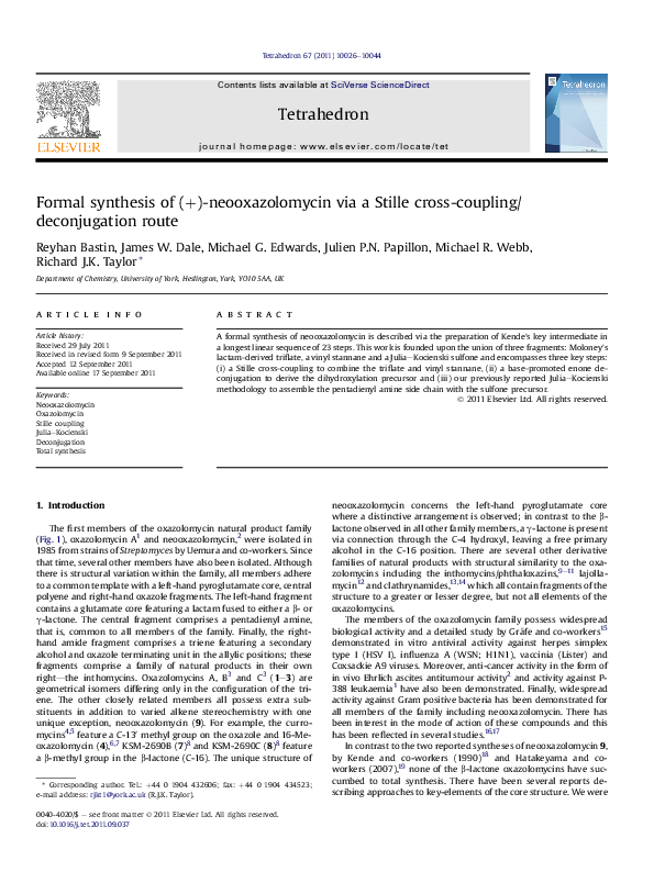 (PDF) Formal synthesis of (+)-neooxazolomycin via a Stille cross ...