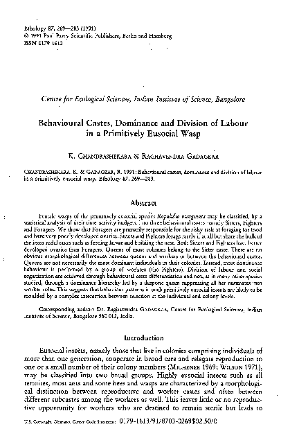 (PDF) Behavioural Castes, Dominance and Division of Labour in a ...