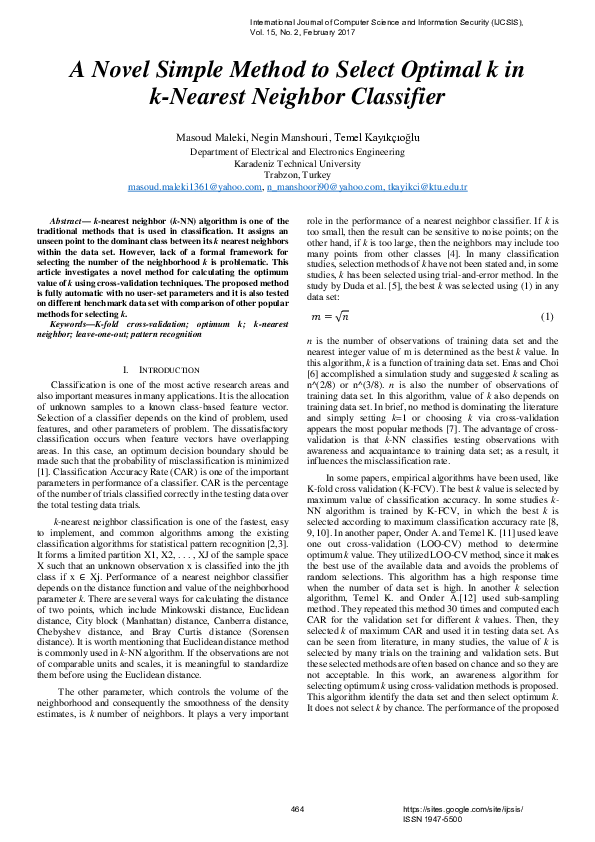 Pdf A Novel Simple Method To Select Optimal K In K Nearest Neighbor Classifier