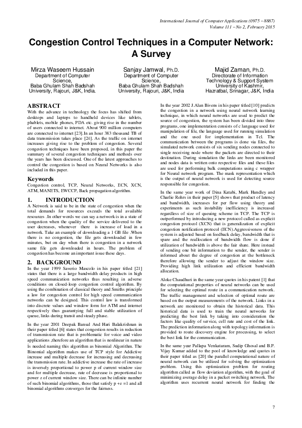 (PDF) Congestion Control Techniques in a Computer Network: A Survey
